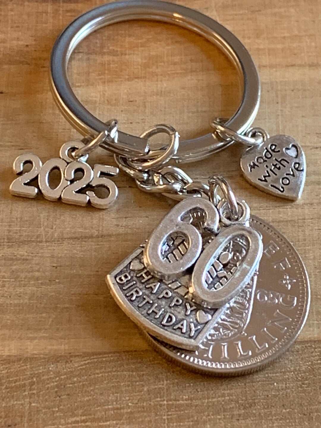 60th Birthday Polished 1965 Lucky Shilling & Charm Keyring 60th ...