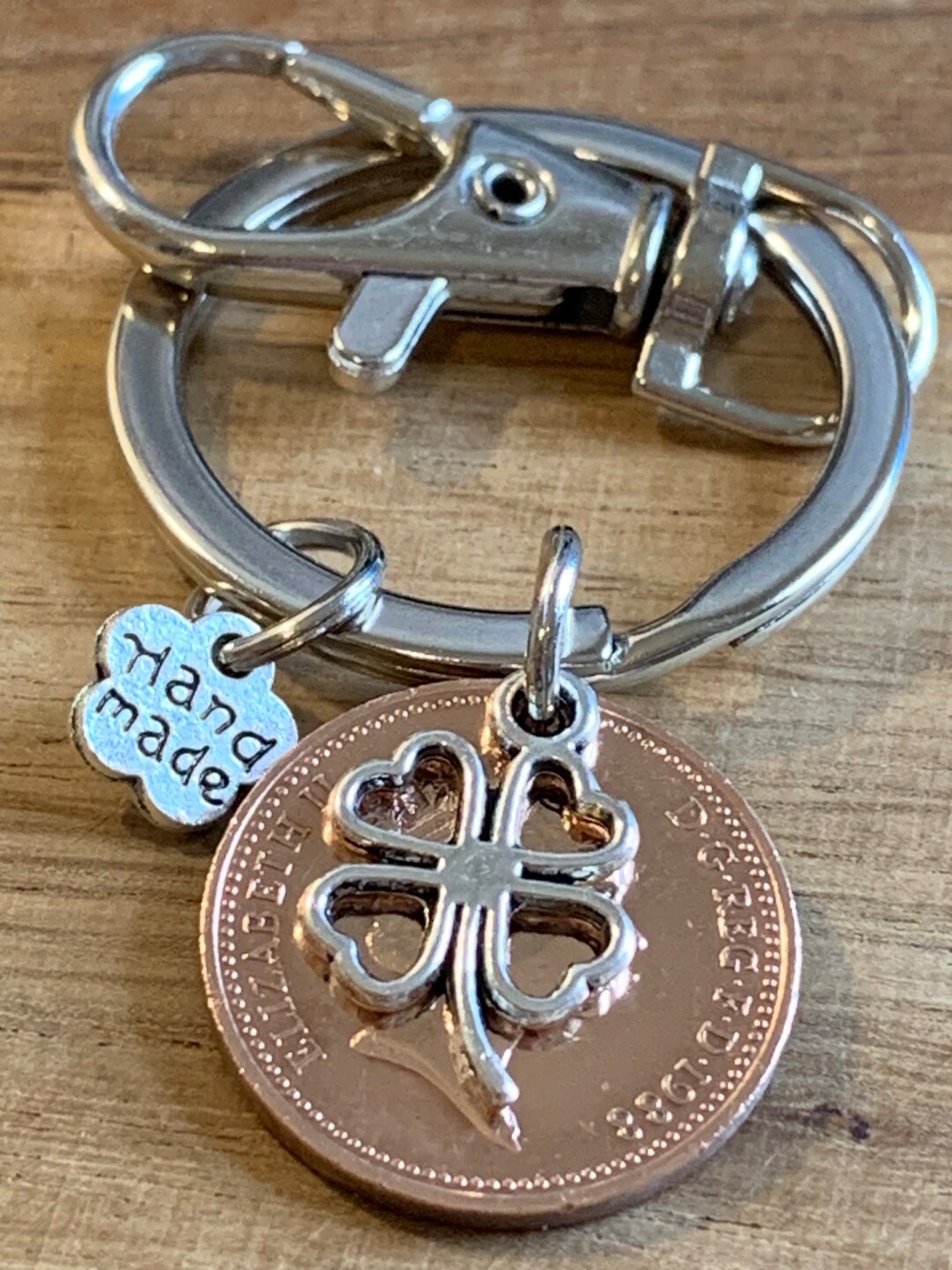 1988 Lucky Penny Coin & Four Leaf Clover Charm Keyring Birthday Gift ...