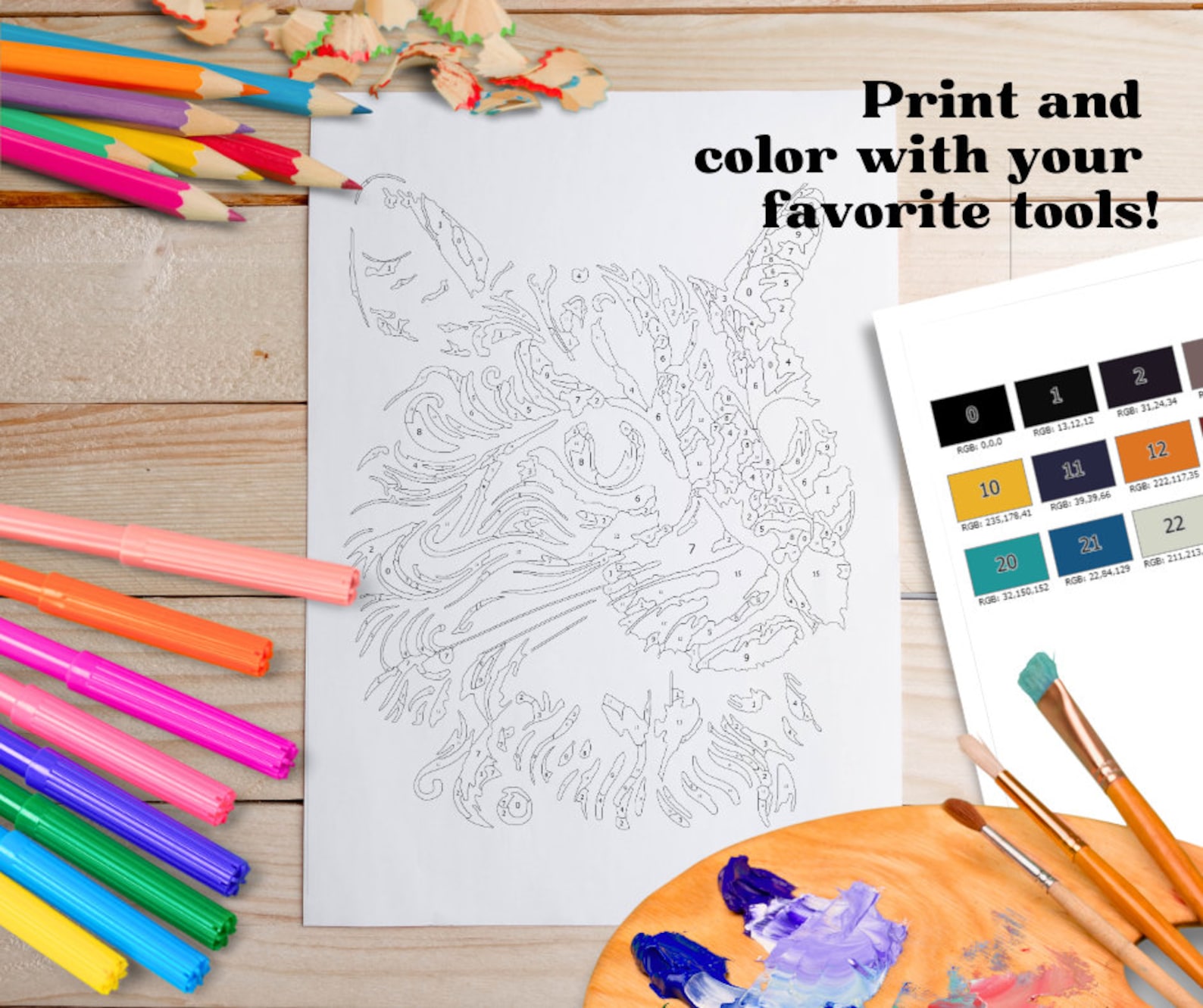 Color by Number Cat, Colorful Animals, Adult Coloring Pages, Digital ...