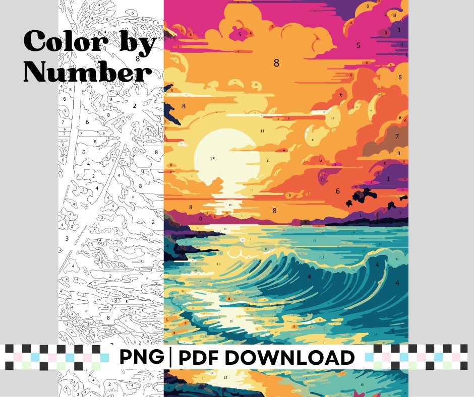 Color by Number Sunset, Tropical Scene, Adult Coloring Pages, Digital ...