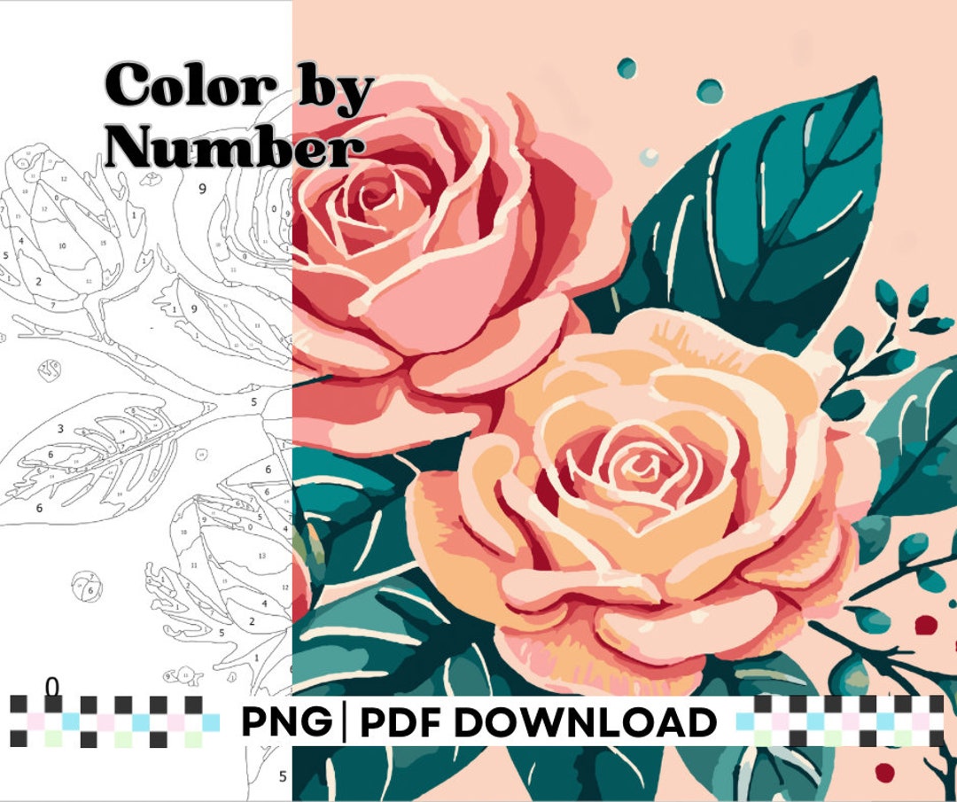 Color by Number Roses, Coloring Flowers, Adult Coloring Pages, Digital ...