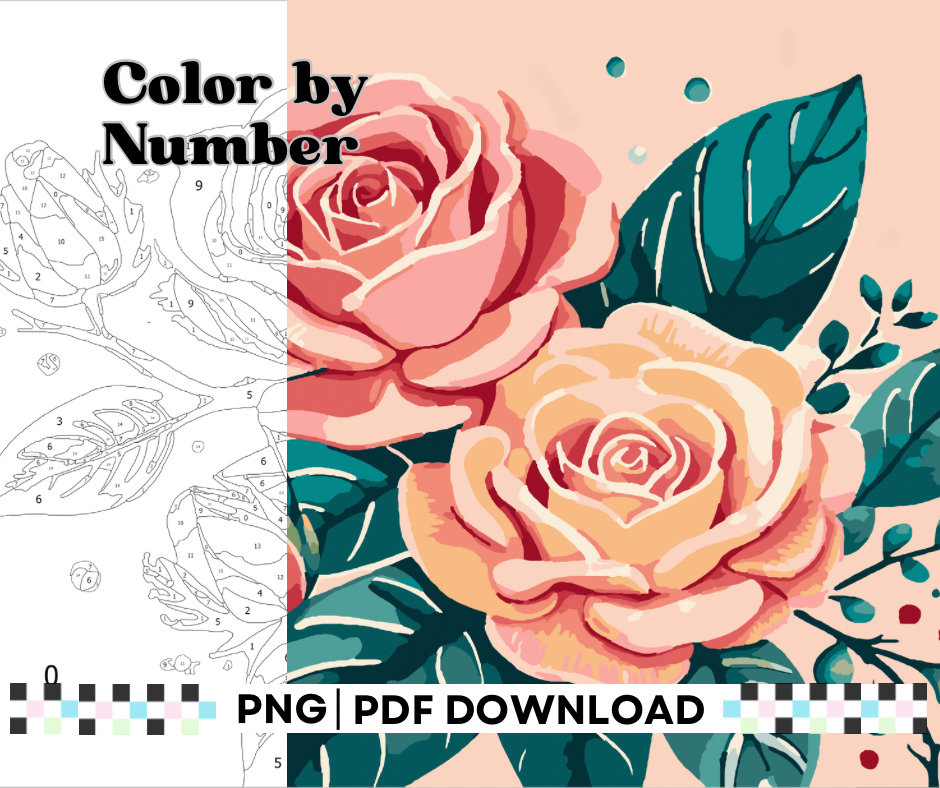 Color by Number Roses, Coloring Flowers, Adult Coloring Pages, Digital ...
