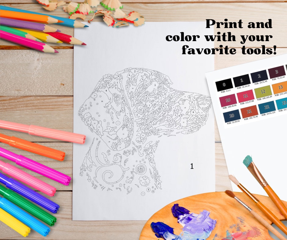 Color by Number Dog, Colorful Animals, Adult Coloring Pages, Digital ...