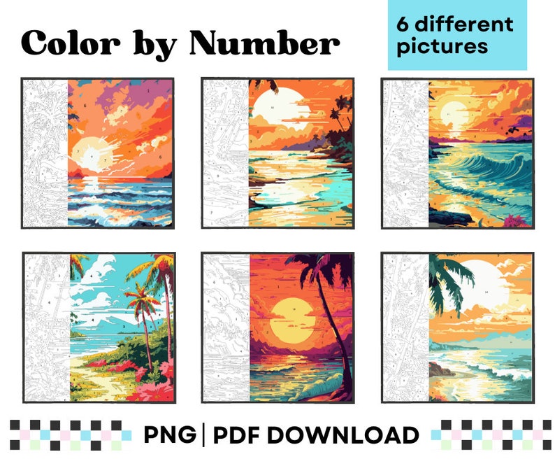 Digital and Printable Color by Number Beach Sunset. Coloring Pages for ...