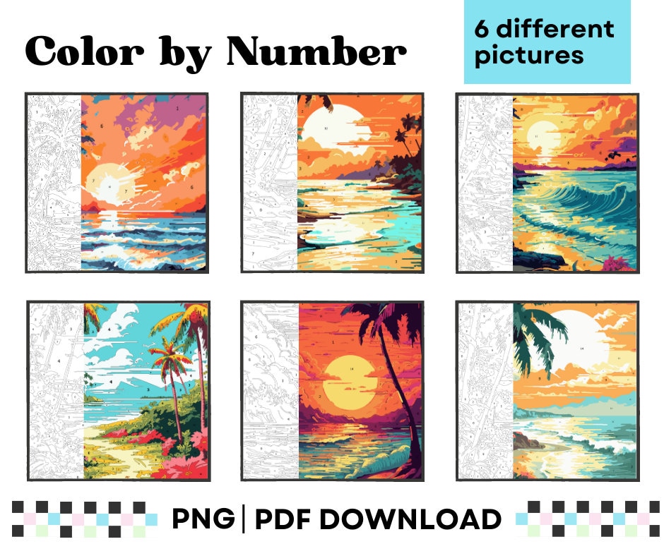 Digital and Printable Color by Number Beach Sunset. Coloring Pages for ...