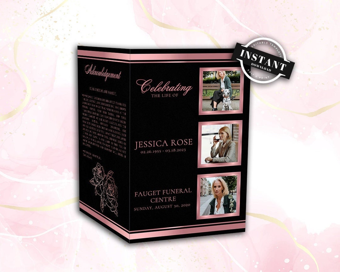 Rose Gold Funeral Program Template, Printable Memorial Service, Order ...