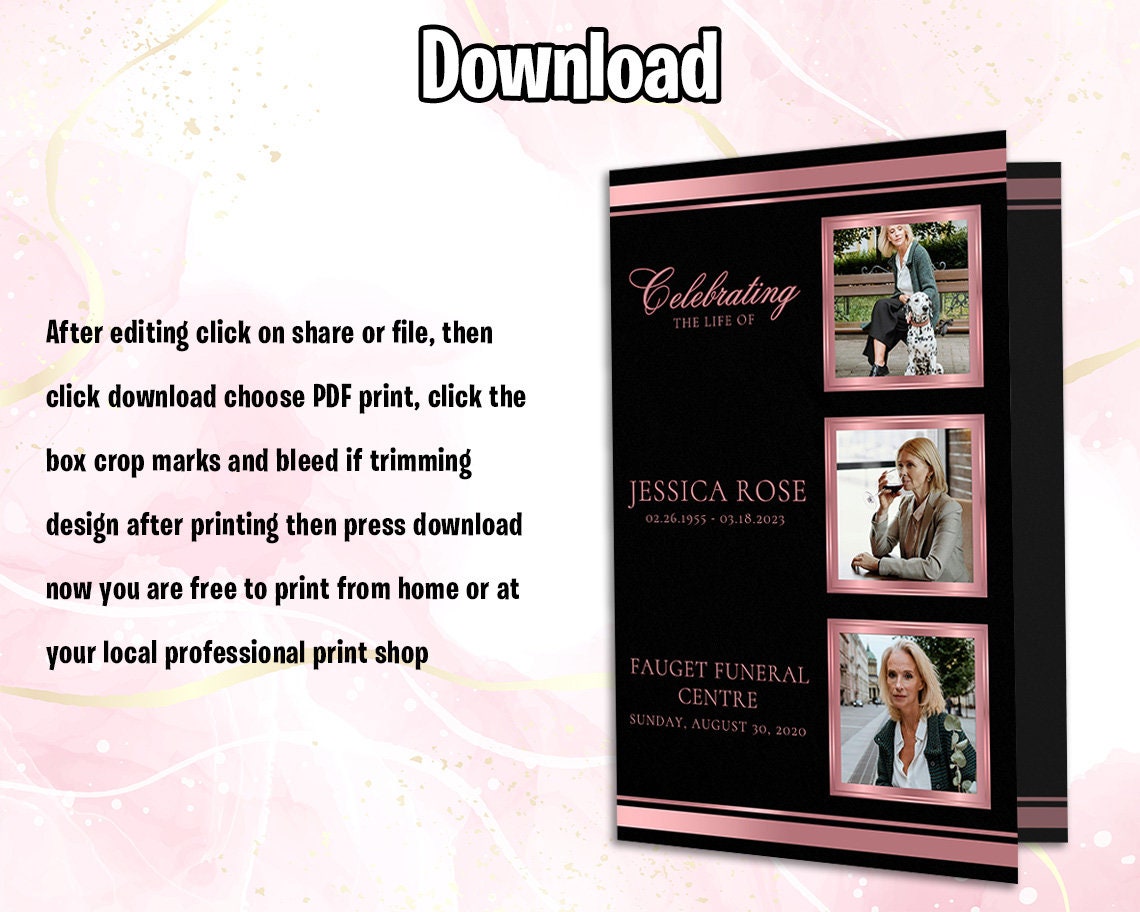 Rose Gold Funeral Program Template, Printable Memorial Service, Order ...