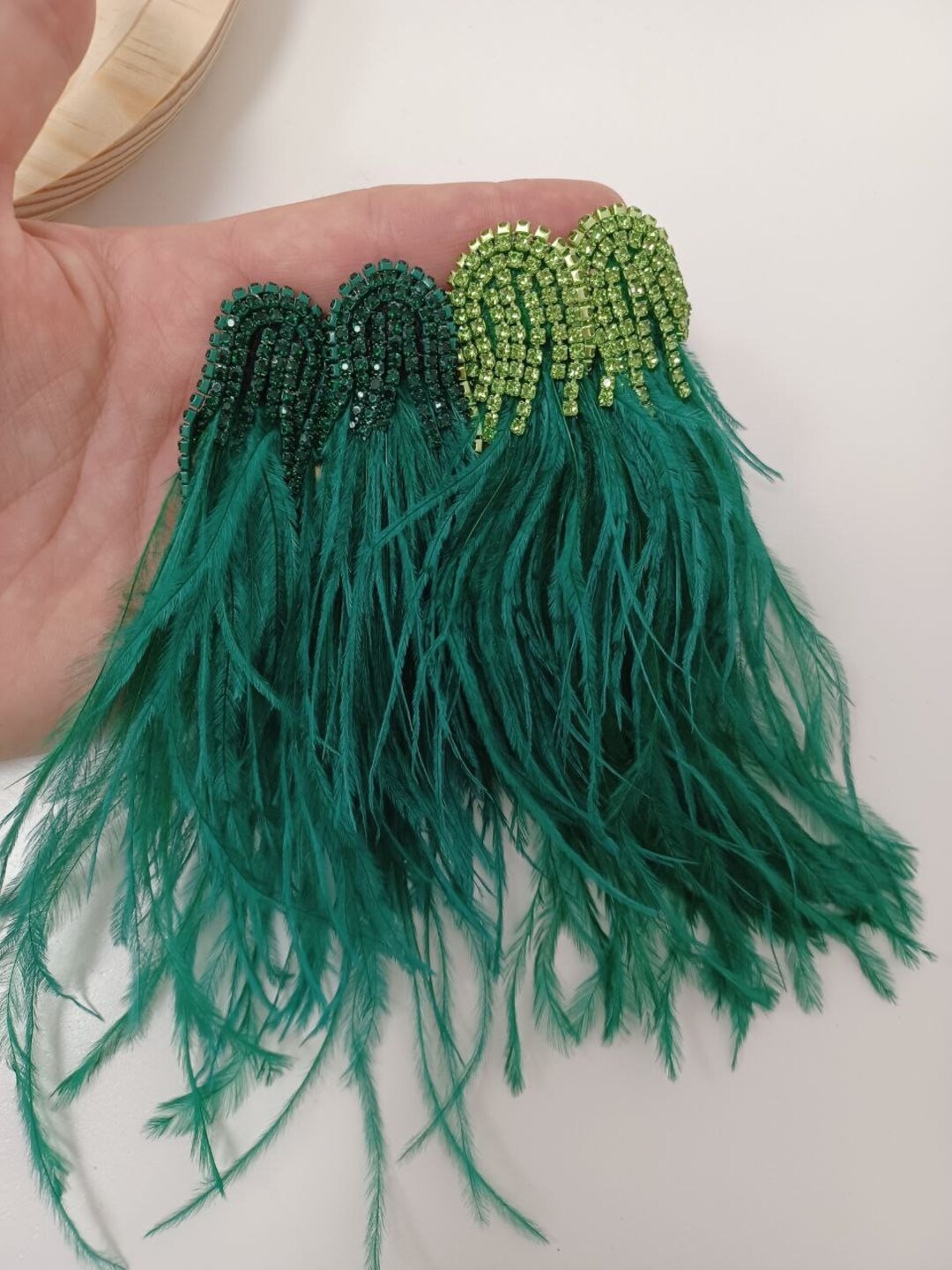 Green Fluffy Earrings, Green Grass Ostrich Rhinestone Earrings ...