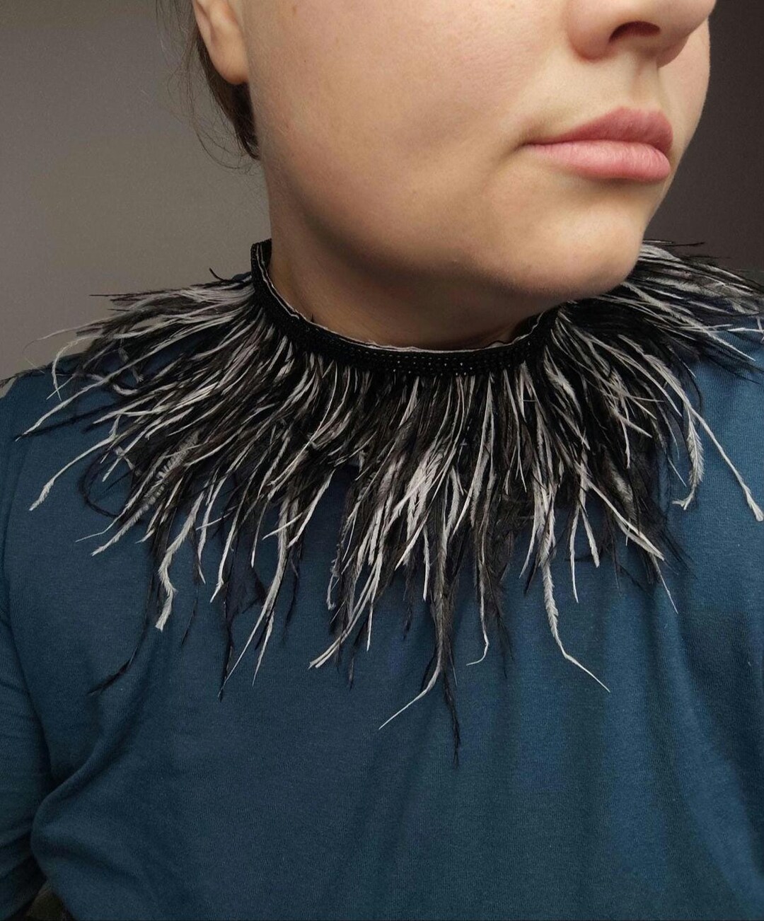 Black Ostrich Feather Choker Necklace, Grey Fluffy Choker, Black ...