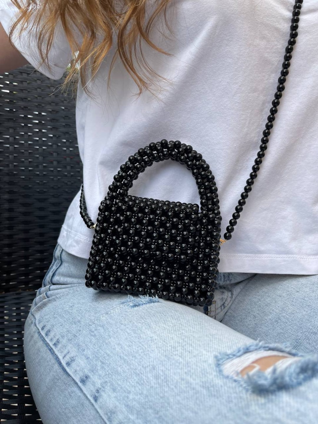 Black Beaded Bag, Acrylic Beaded Bag, Small Black Bag, Shoulder Black Bag, Pearl Beads Bag - Etsy