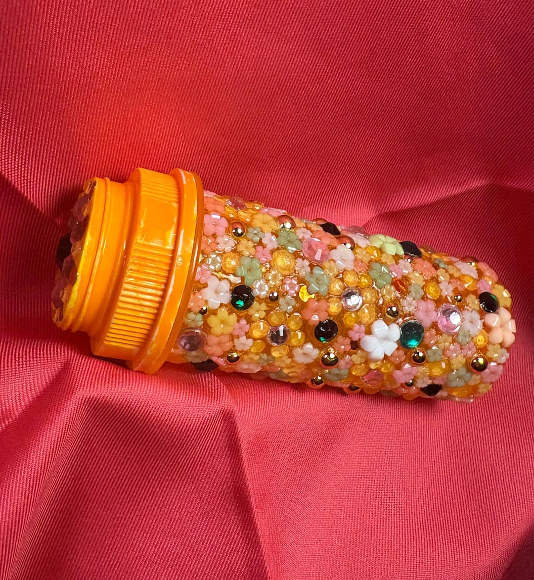 Floral Bedazzled Pill Bottle: Glam Travel Container for Medicine, Girly ...