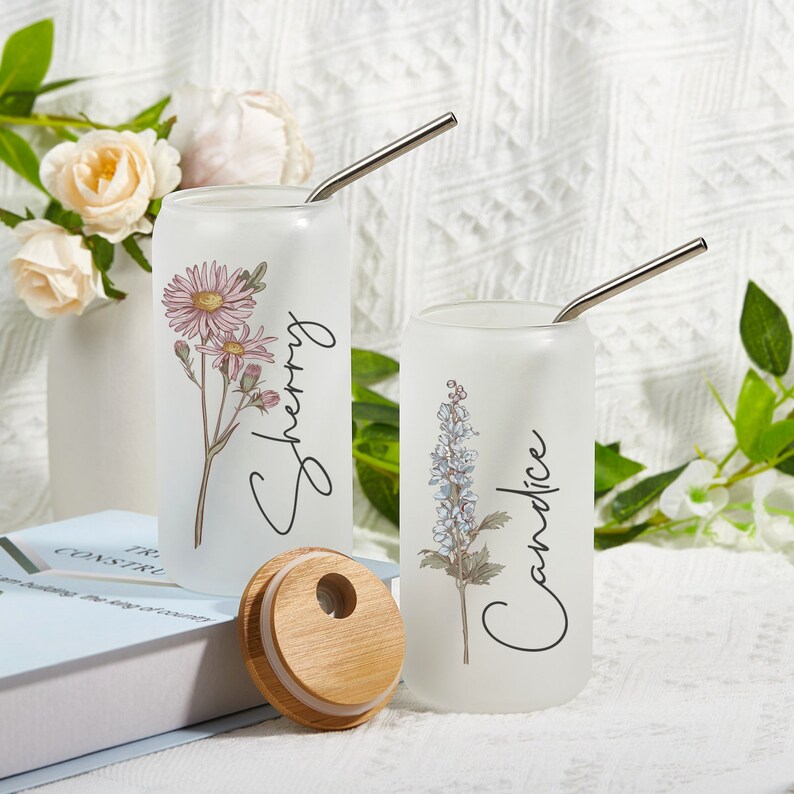 Birth Flower Glass Cup Custom Name Glass Tumbler Floral Iced - Etsy
