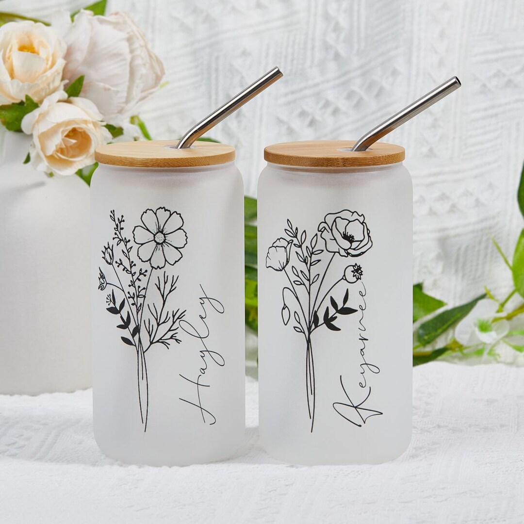 Personalized Birth Flower Coffee Cup With Namecustom Birth Flower Glass ...