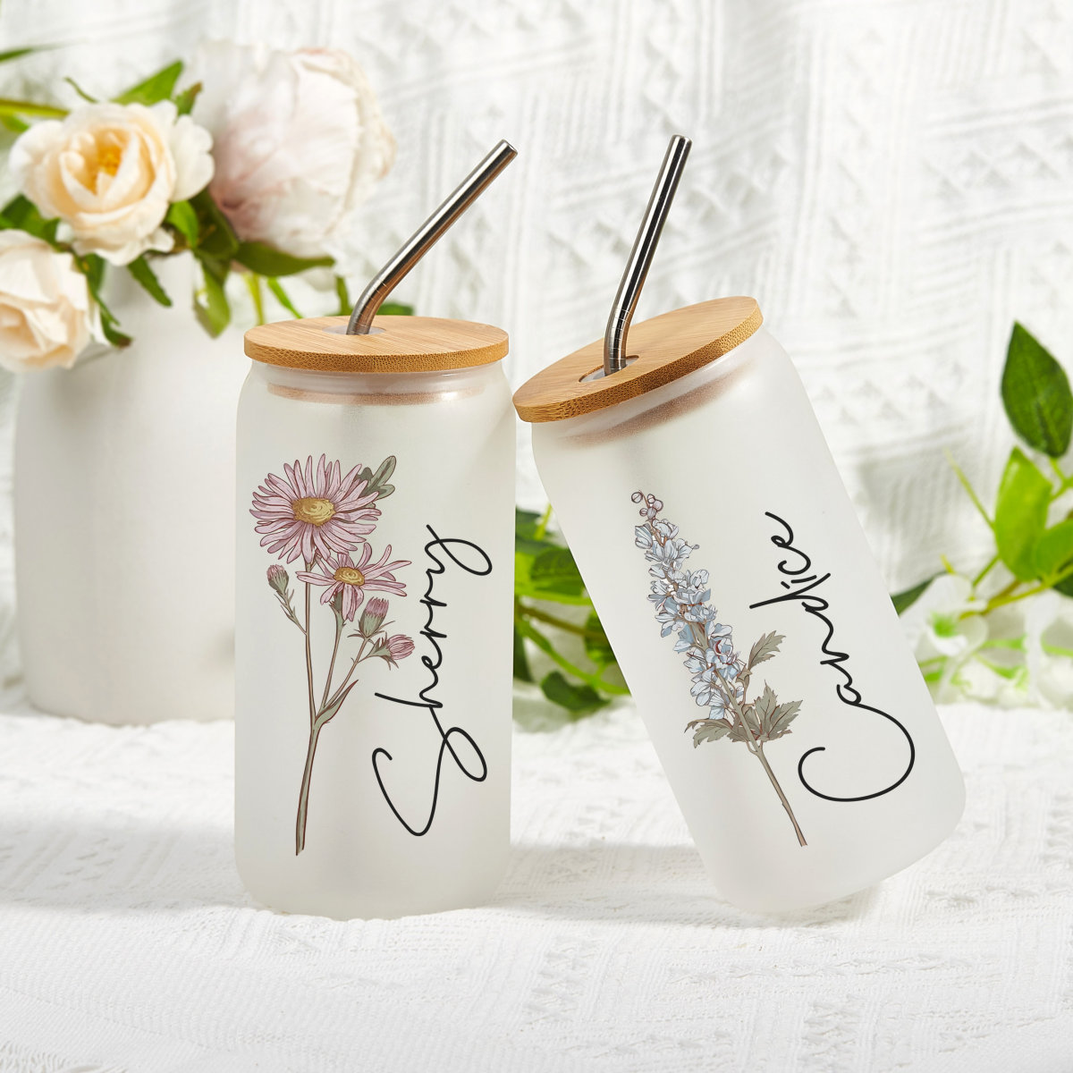 Birth Flower Glass Cup Custom Name Glass Tumbler Floral Iced - Etsy