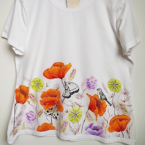 Hand-painted Floral T-shirt for Women. Poppies, Birds and Butterflies ...