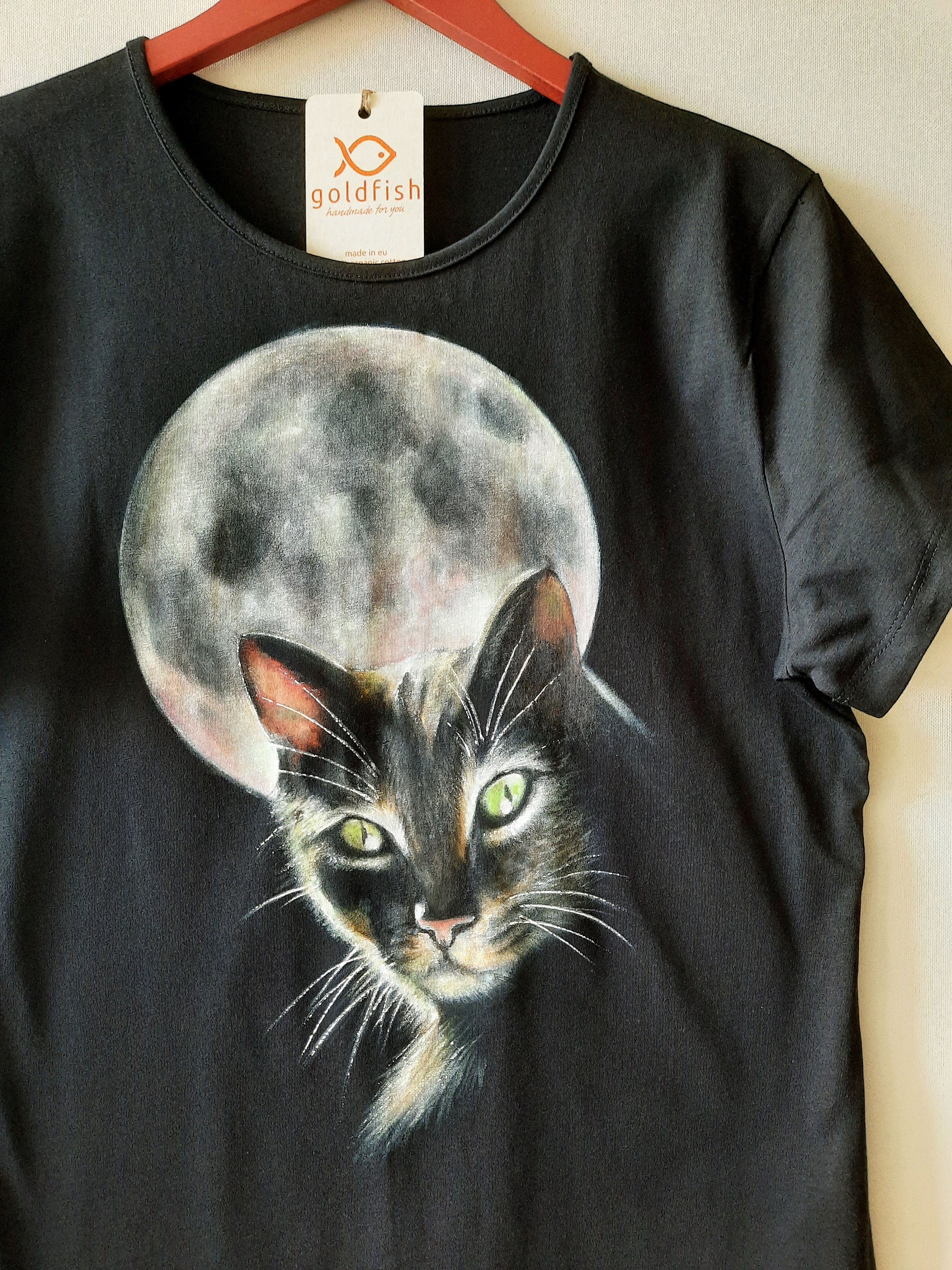 Hand-painted Mystical Full Moon and a Black Cat T-shirt for Women ...