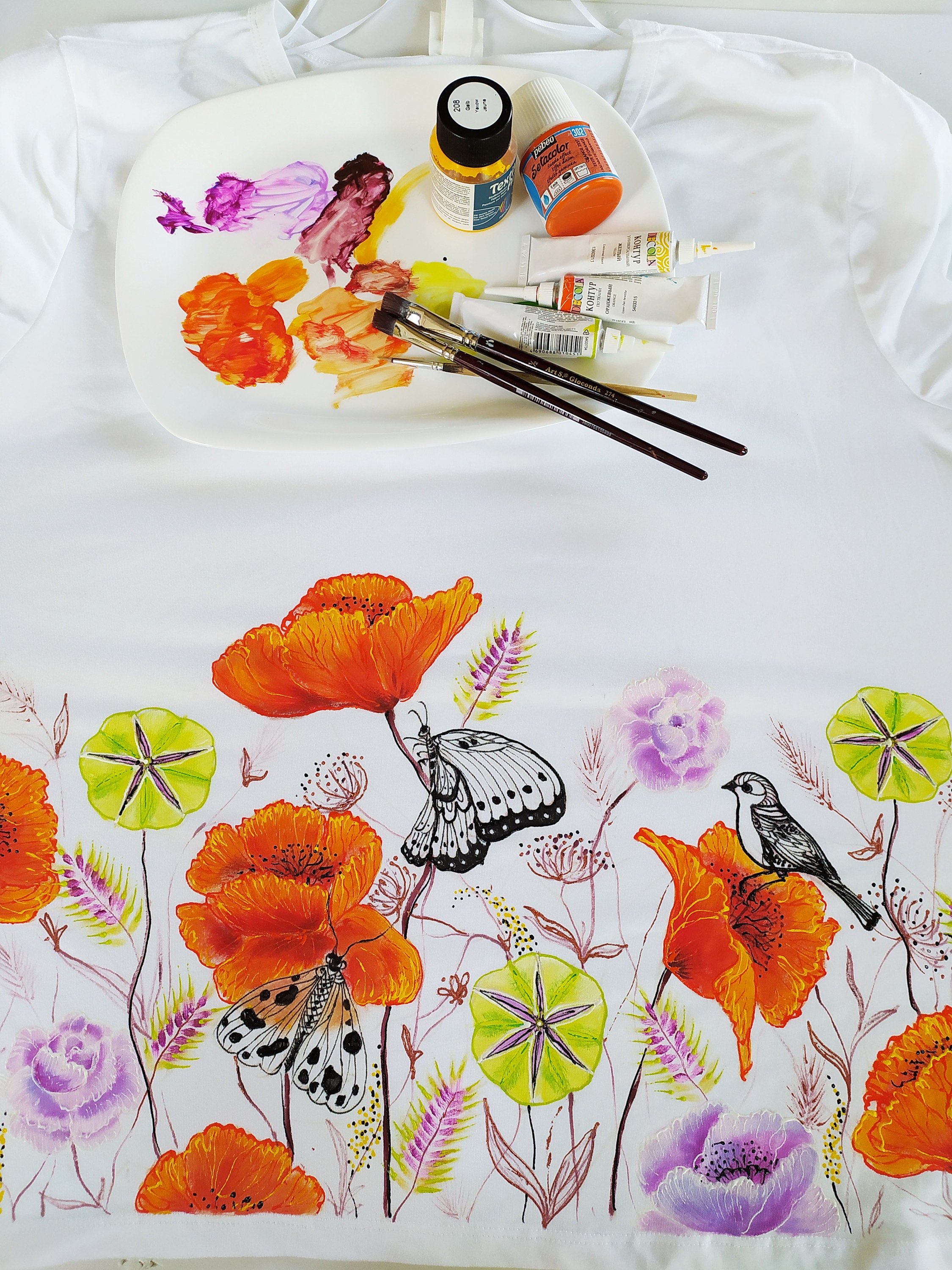 Hand-painted Floral T-shirt for Women. Poppies, Birds and Butterflies ...