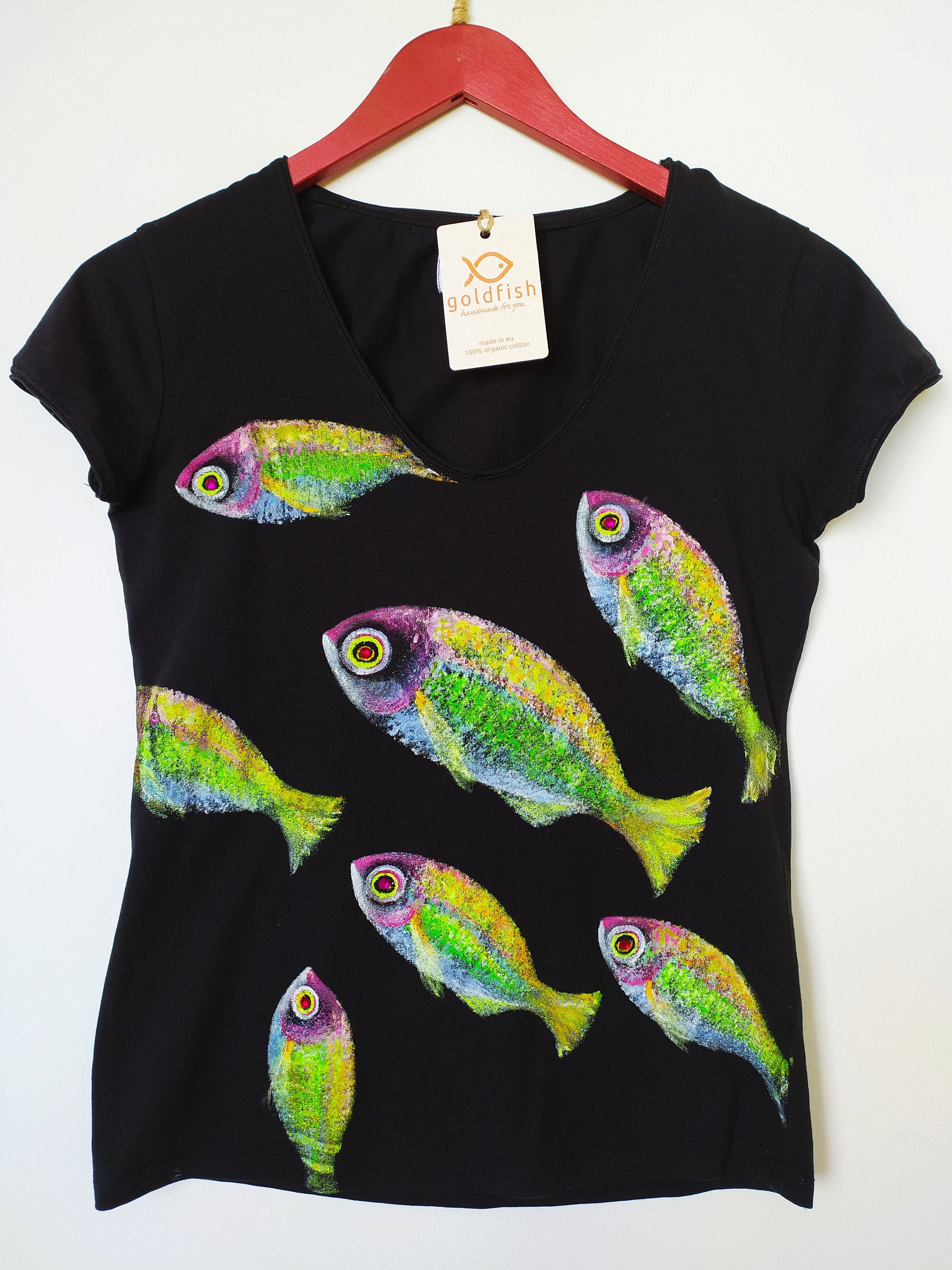 Hand-drawn Colorful Fishes T-shirt. Short Sleeve Black Top for Women ...