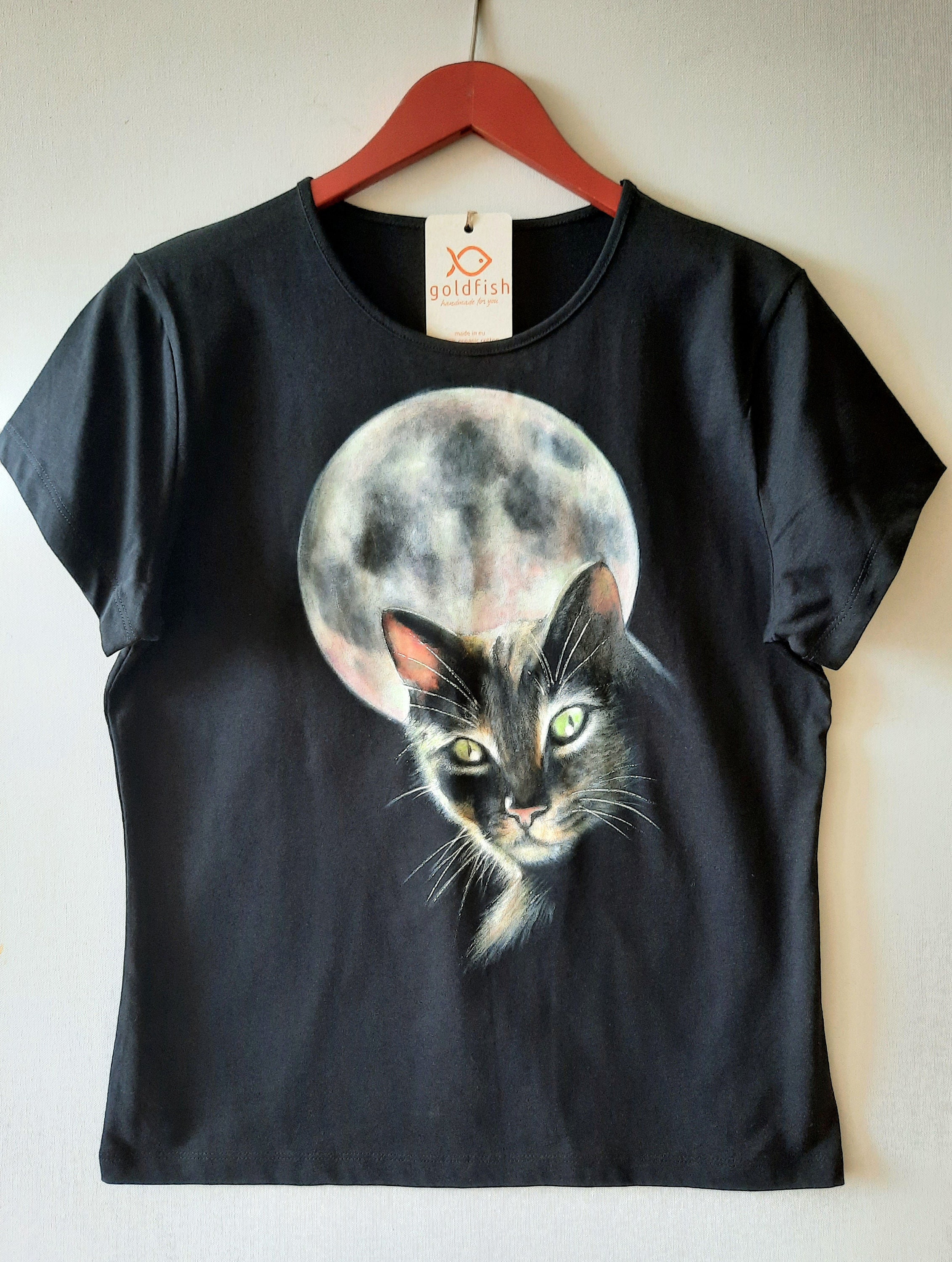 Hand-painted Mystical Full Moon and a Black Cat T-shirt for Women ...