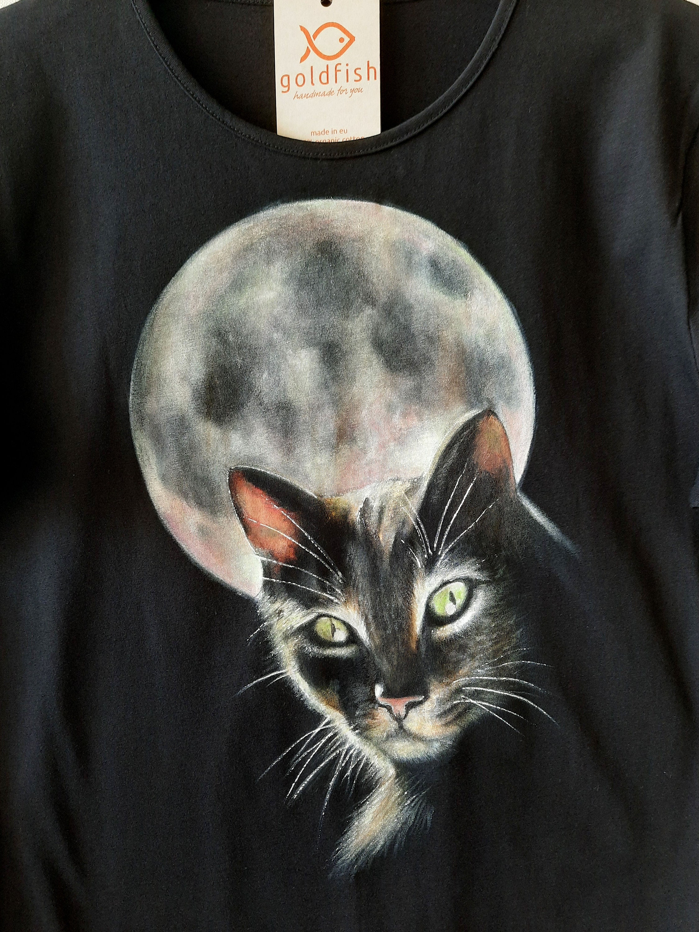 Hand-painted Mystical Full Moon and a Black Cat T-shirt for Women ...