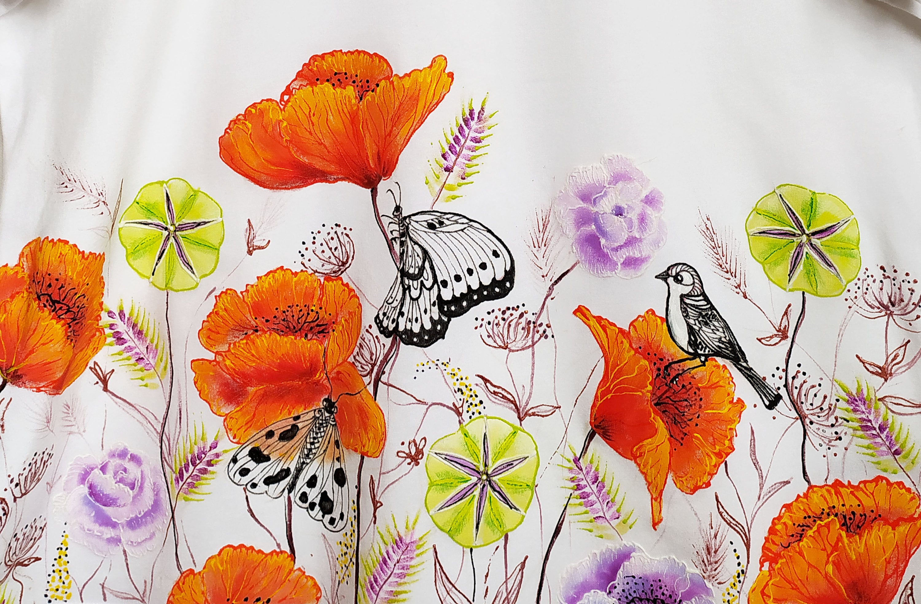 Hand-painted Floral T-shirt for Women. Poppies, Birds and Butterflies ...