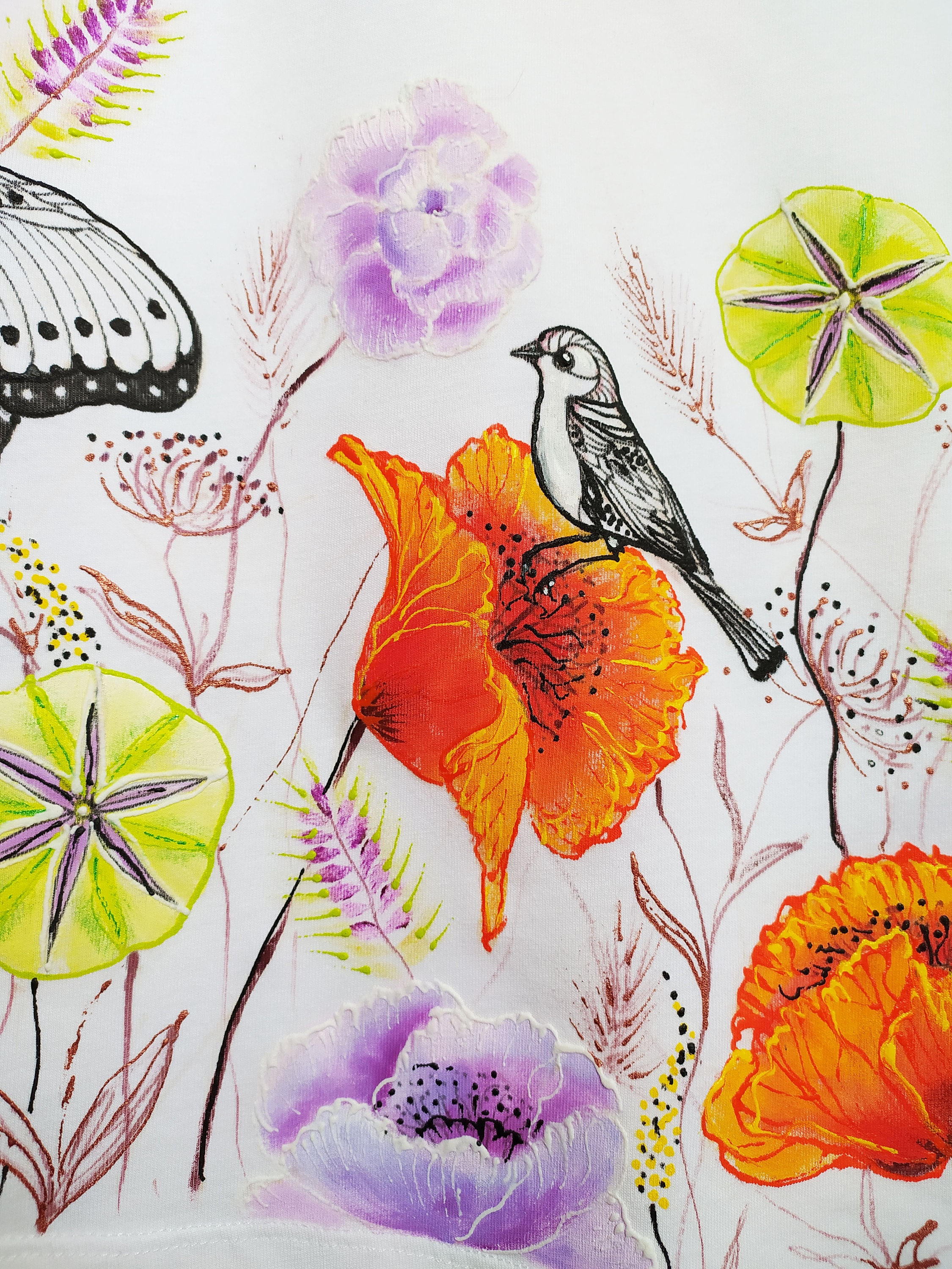 Hand-painted Floral T-shirt for Women. Poppies, Birds and Butterflies ...