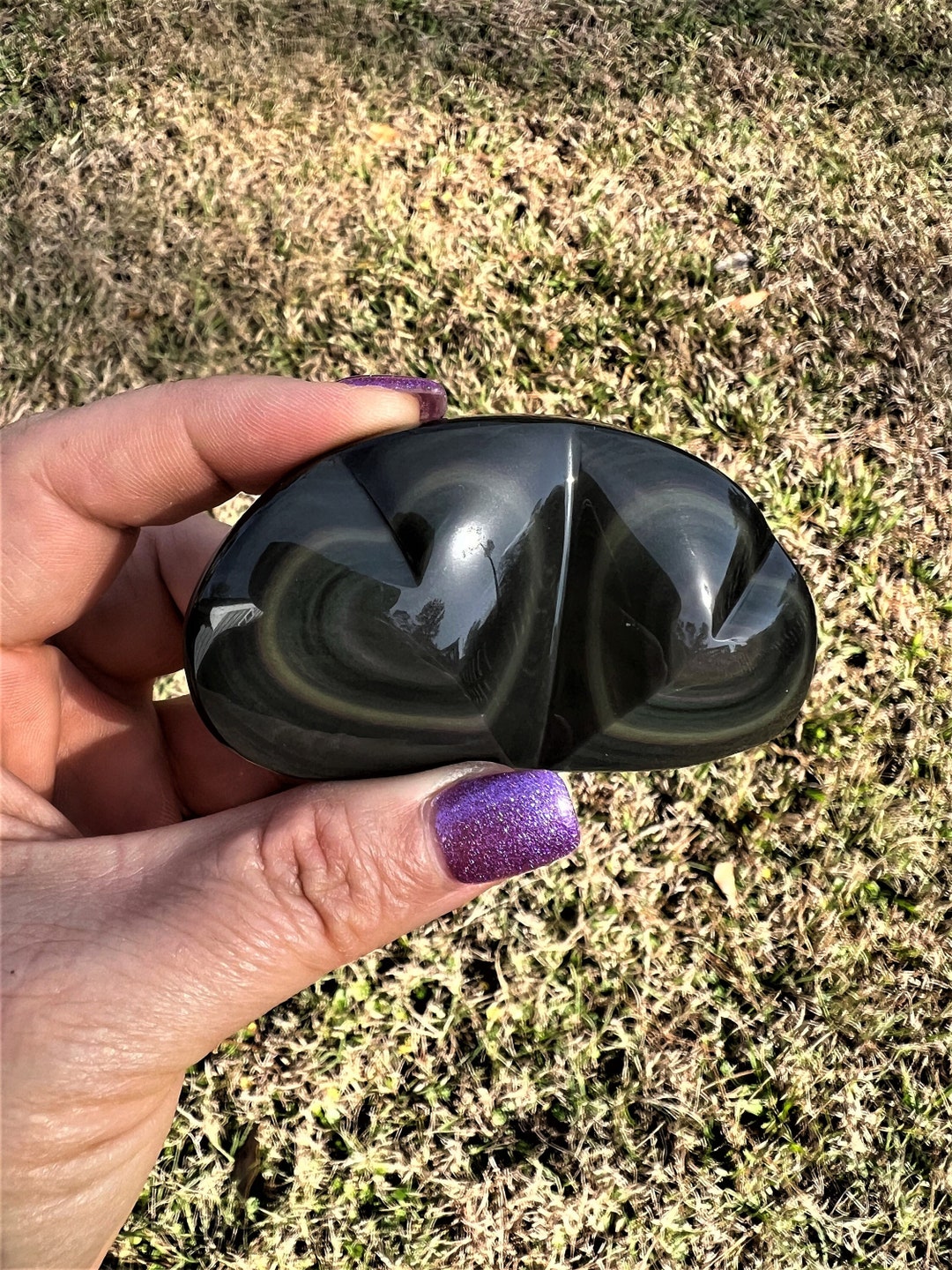 Rainbow Obsidian Double Heart, Hand Carved Black Obsidian Crystal Heart ...