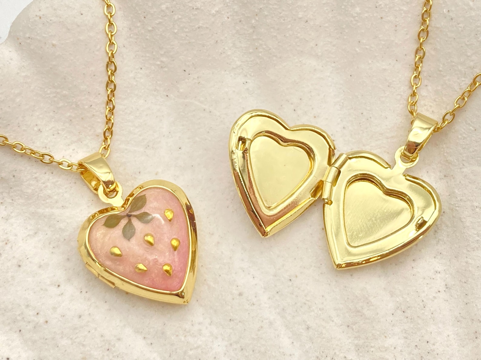 TINY Gold Strawberry Heart Photo Locket, Pastel Berry Necklace ...