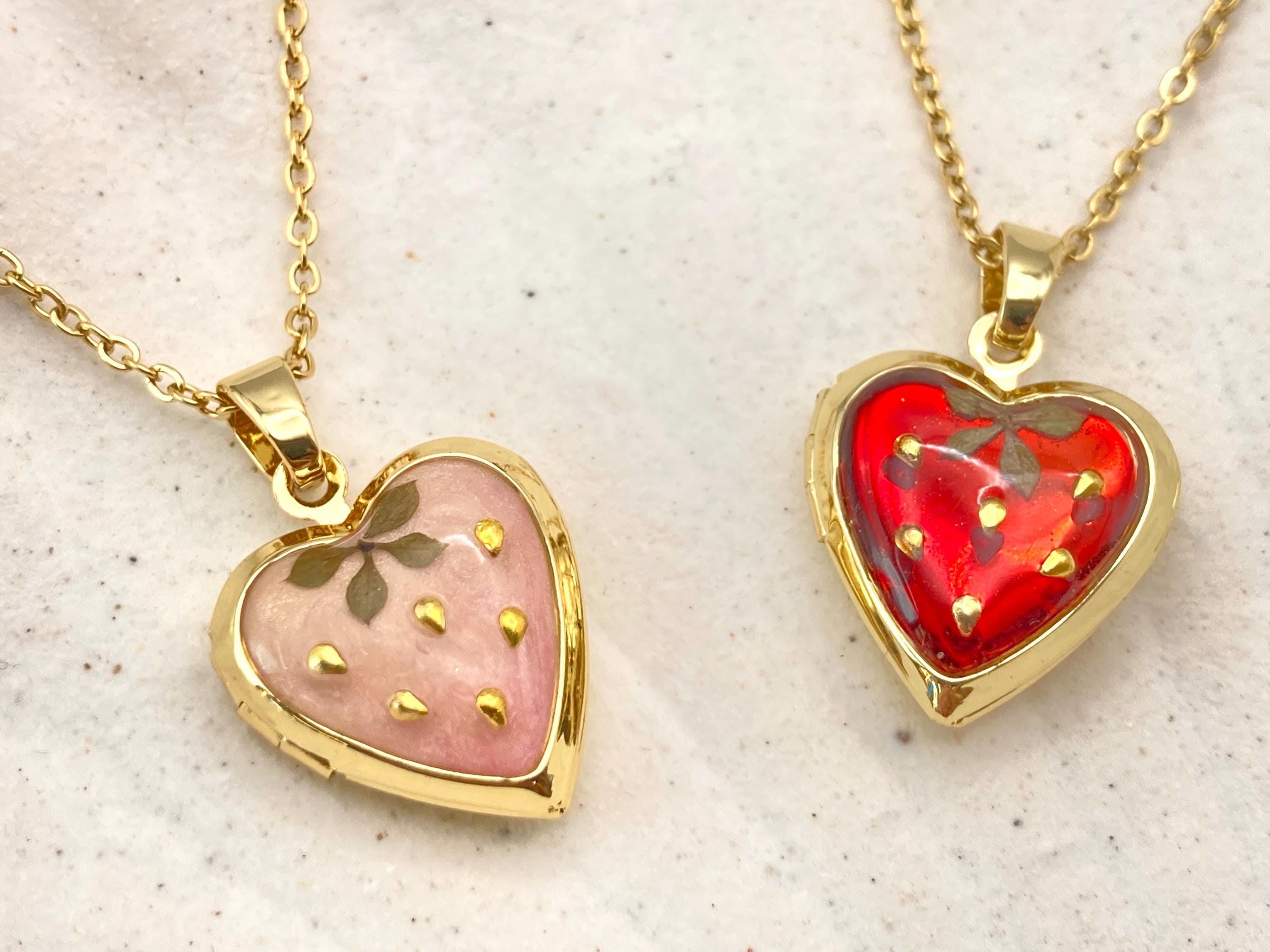 TINY Gold Strawberry Heart Photo Locket, Pastel Berry Necklace ...