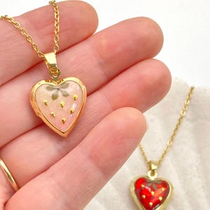 TINY Gold Strawberry Heart Photo Locket, Pastel Berry Necklace ...