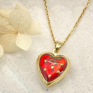TINY Gold Strawberry Heart Photo Locket, Pastel Berry Necklace ...