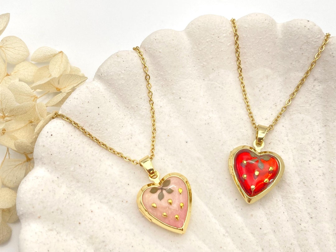 TINY Gold Strawberry Heart Photo Locket, Pastel Berry Necklace ...