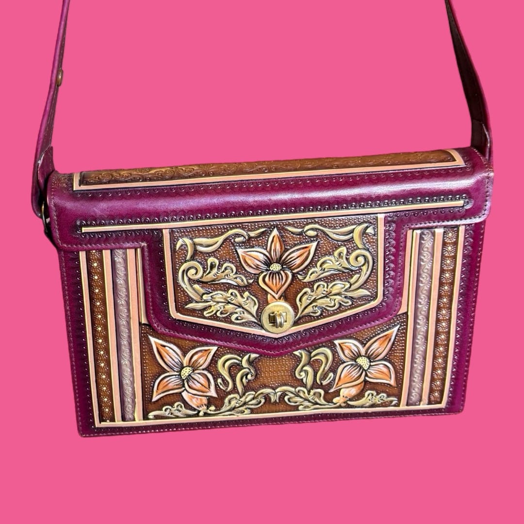 Vintage 1950s 1960s 1970s Leather Hand Tooled Floral Purple Red ...