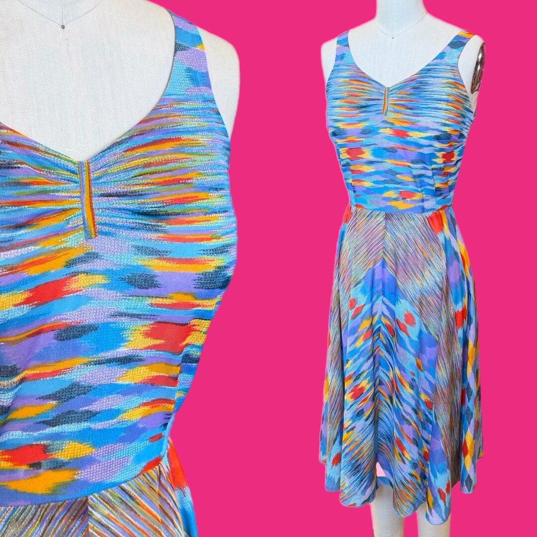Vintage 1970s Blue Nylon Infrared Yellow Red Colorful Semi Sheer ...