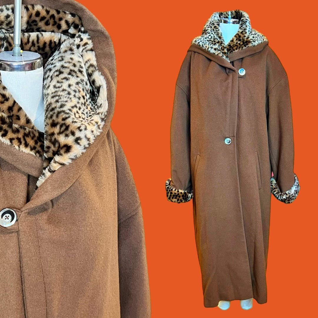 Vintage 1980s Deadstock Lush Wool Blend Oversized Hood Faux Fur Leopard ...
