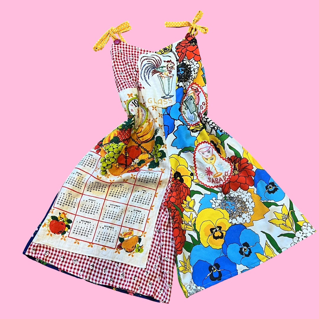 Handmade Vintage Upcycled 1960s 1970s Neon Fruit Tea Towel Veggies ...