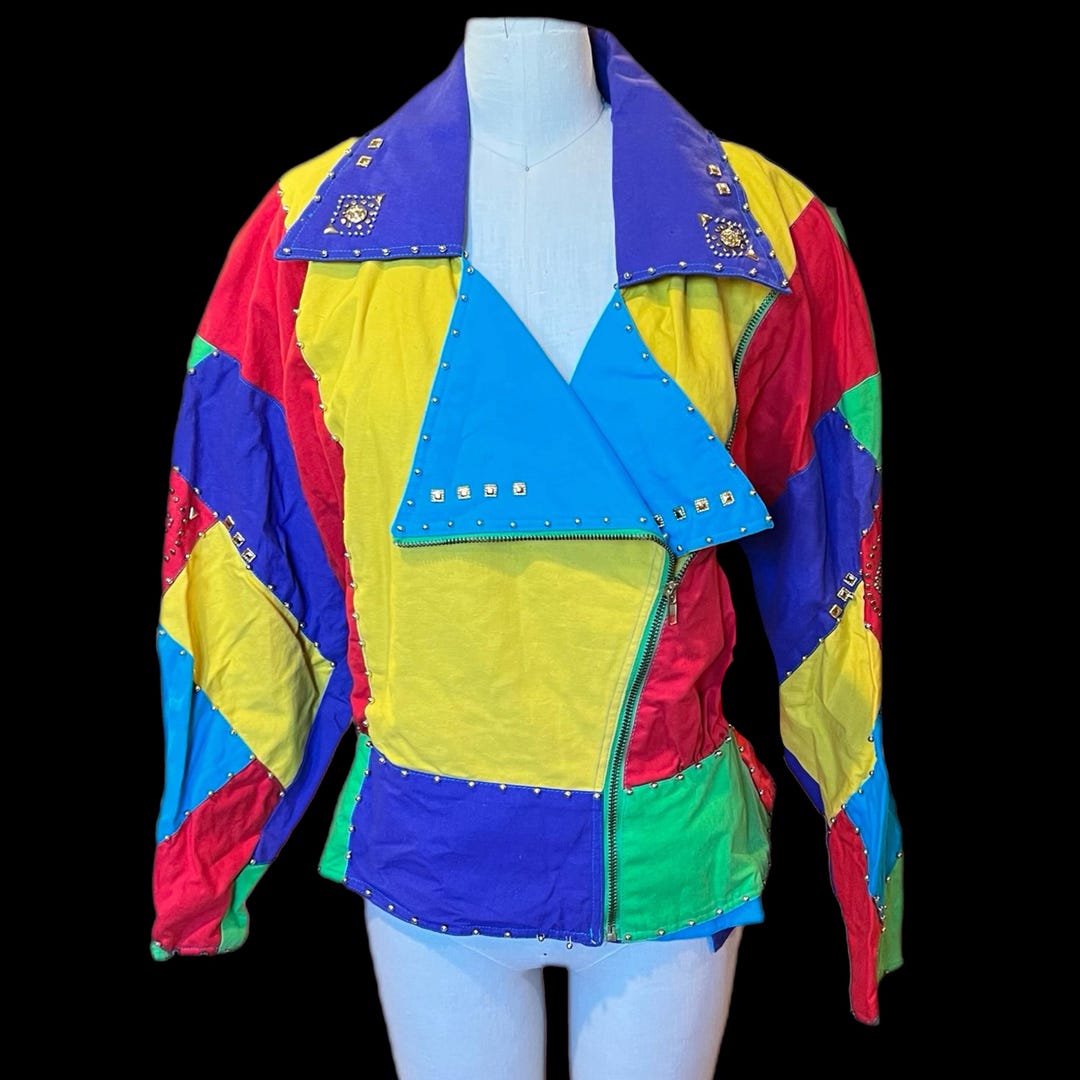 Vintage 1980s Rainbow Color Block Clown Core Gold Beaded Asymmetrical ...