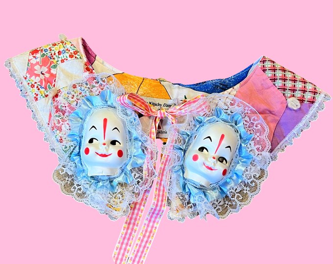 Handmade Vintage Upcycled 1950s 1960s Quilted Patchwork Clown Doll Face ...