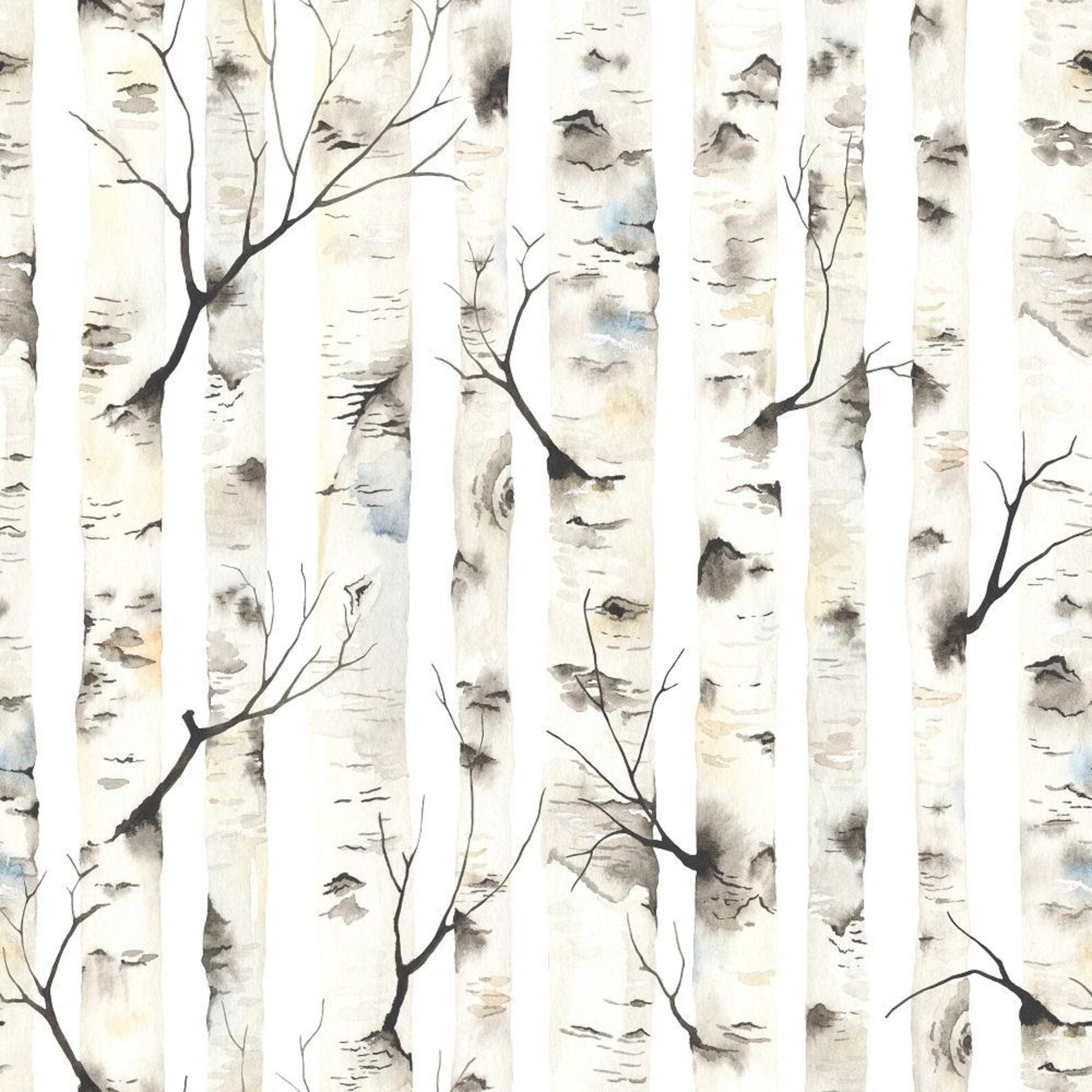 Watercolor Birch Trees With Branches Fabric - Etsy