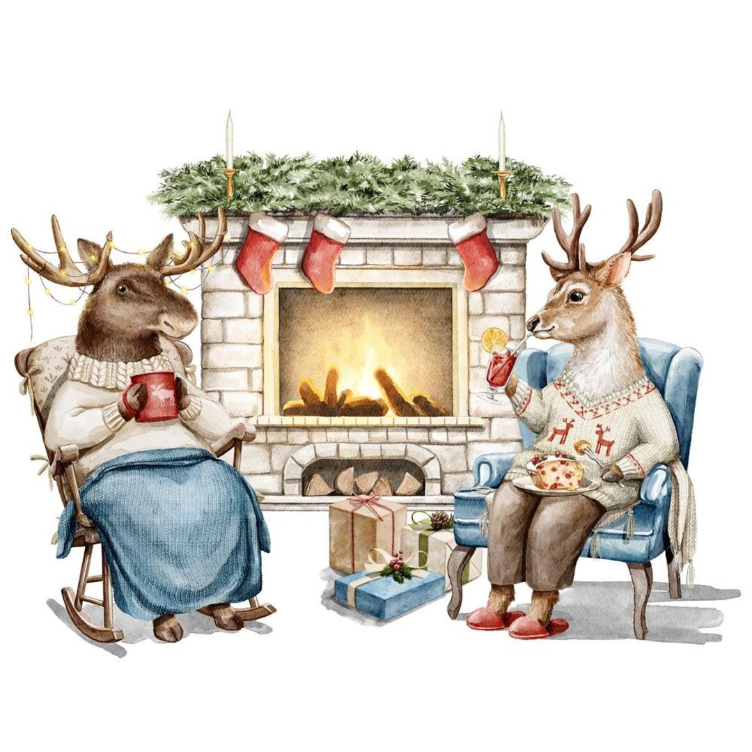 Deer & Moose Sipping Drink by Fireplace Fabric Panel - Etsy