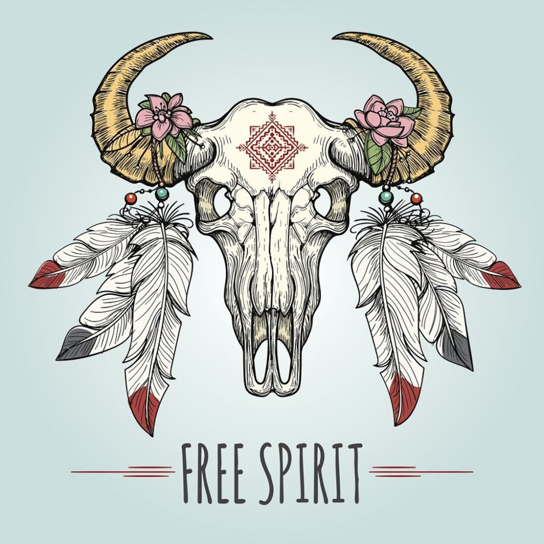 Buffalo Skull With Ornament and Feathers Fabric Panel - Etsy