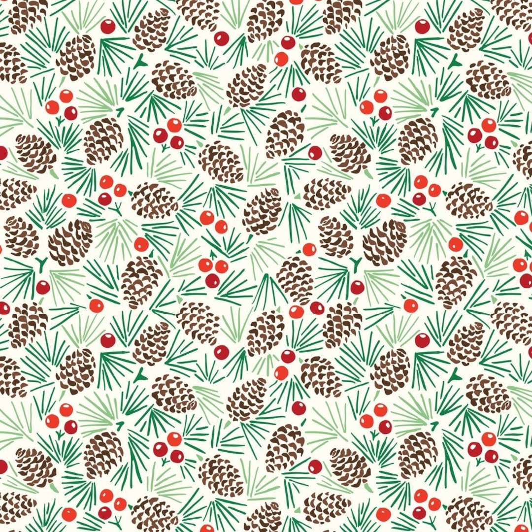 Pinecone & Red Berries Fabric Multi - Etsy