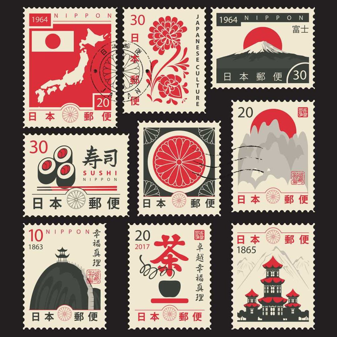 Japanese Symbols Postage Stamp Fabric Panel Variation 1 - Etsy