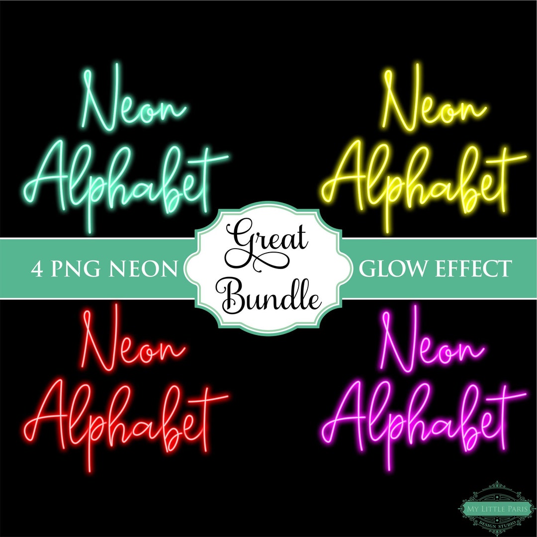 Neon Script Line Glow Effect Bundle 4 Colors Alphabet PNG Clip Art ...