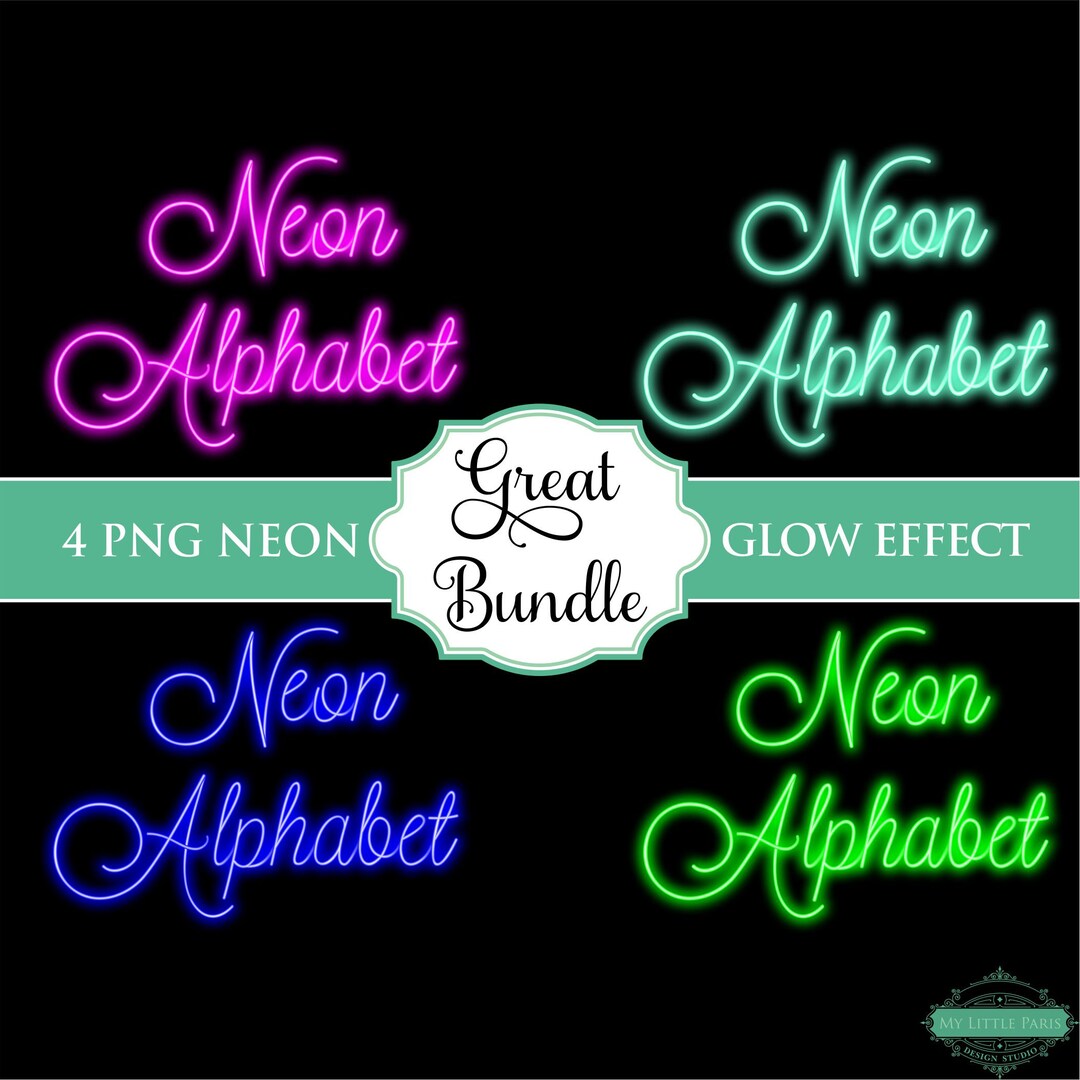 Neon Glow Effect Bundle 4 Colors Alphabet PNG Clip Art Script Letters ...