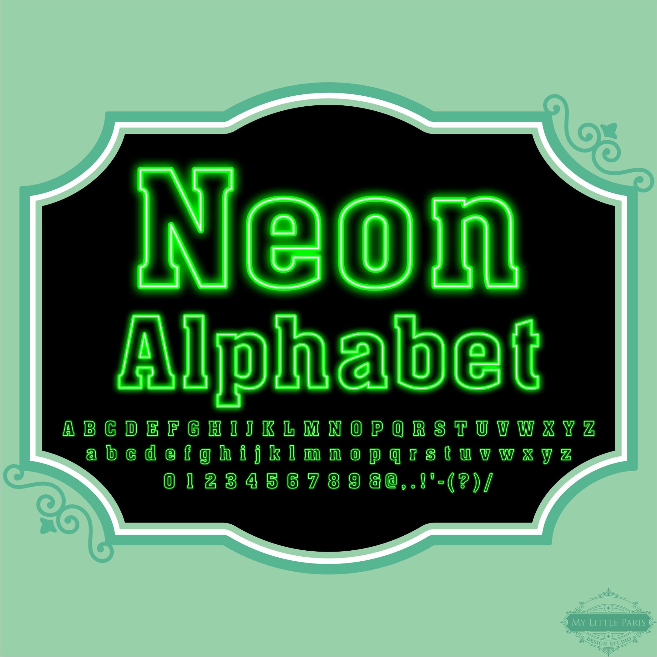 Green Neon Alphabet PNG Clip Art Letters Font Numbers Instant | Etsy