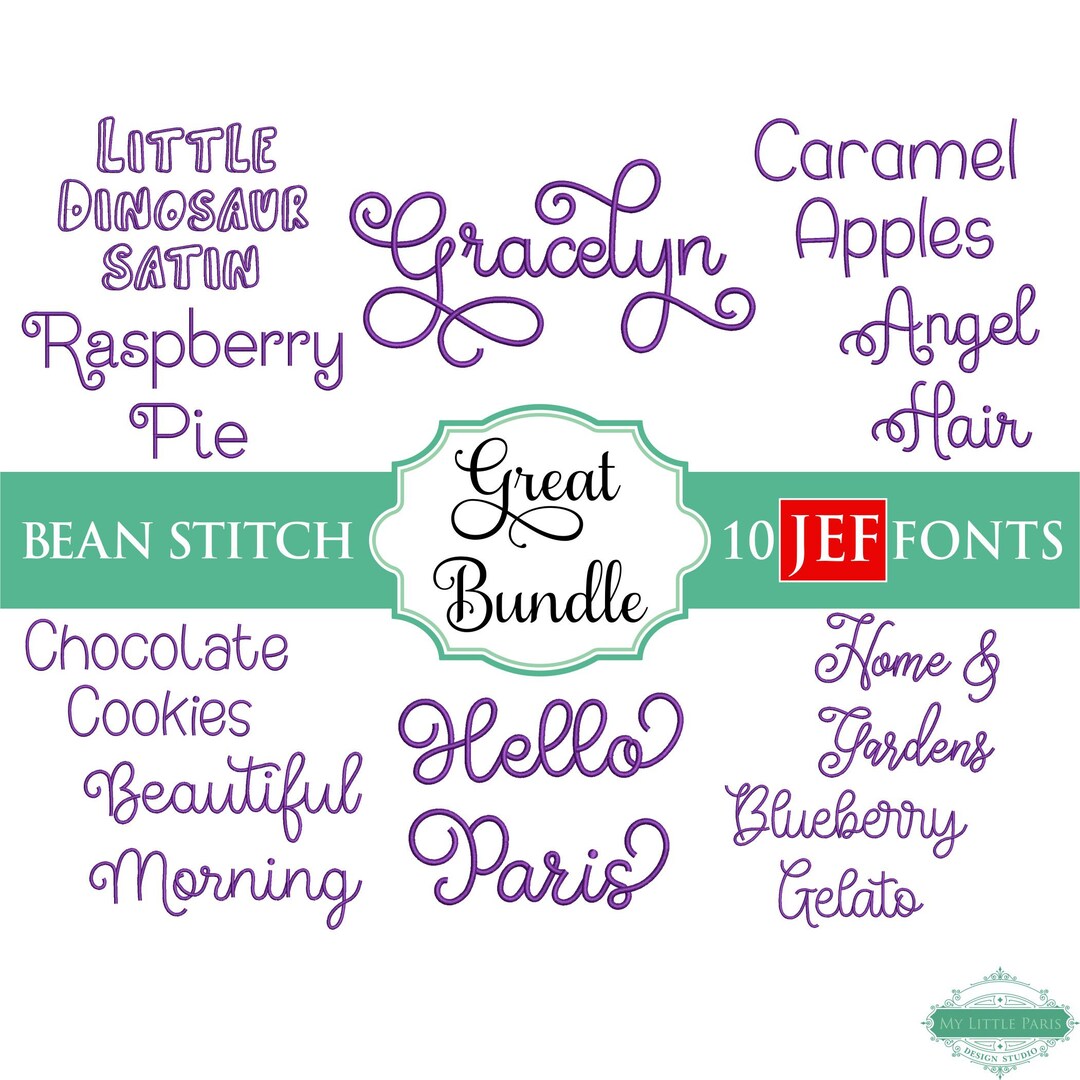 JEF Satin Embroidery Font Bundle #5 - 0.75" 1" 1.5" 2"- 10 JEF Fonts ...