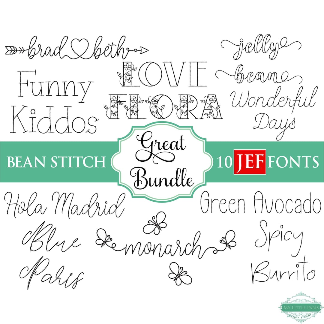 JEF Bean Stitch Embroidery Font Bundle #11 - 0.75" 1" 1.5" 2" - 10 JEF ...