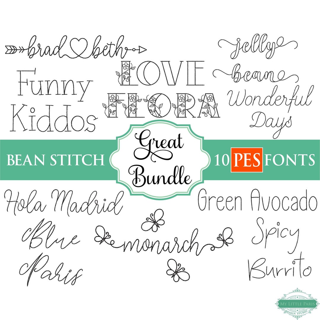 PES Bean Stitch Embroidery Font Bundle #11 - 0.75" 1" 1.5" 2" - 10 PES ...