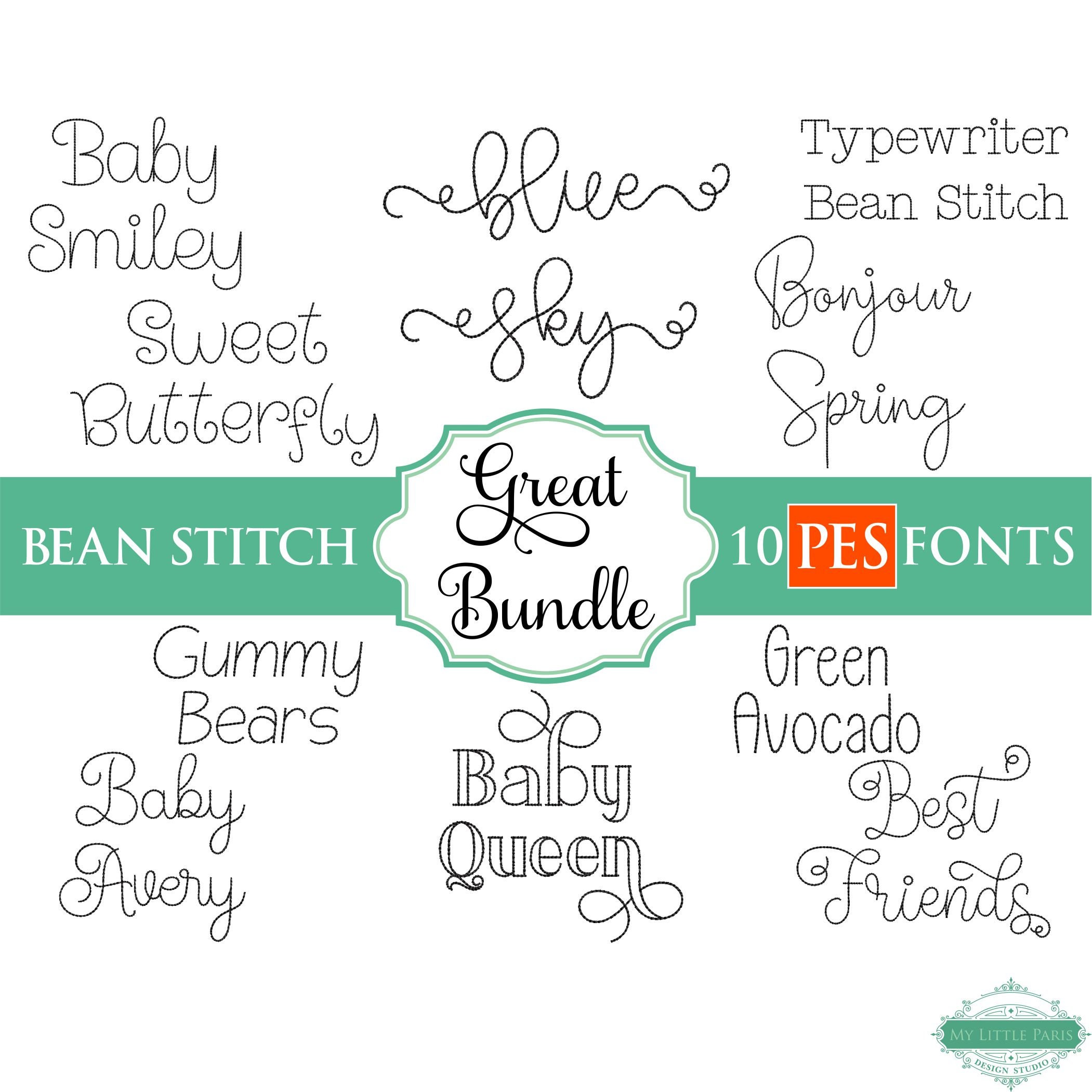 PES Bean Stitch Embroidery Font Bundle #5 - 0.75" 1" 1.5" 2" - 10 PES ...